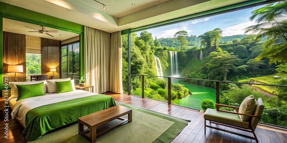 Resort hotel room with green color scheme, overlooking trees and ...