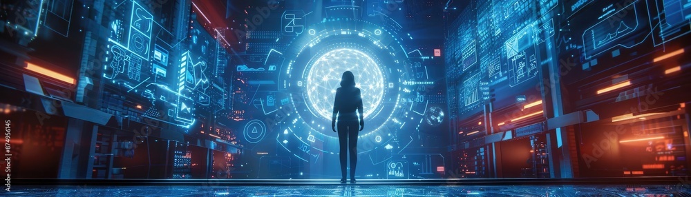 Virtual assistant hologram interacting with a user in a high-tech ...