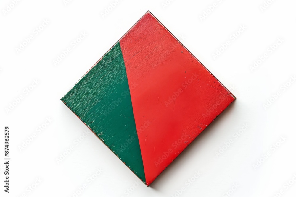 A vibrant red square overlaps with a green triangle, creating a ...