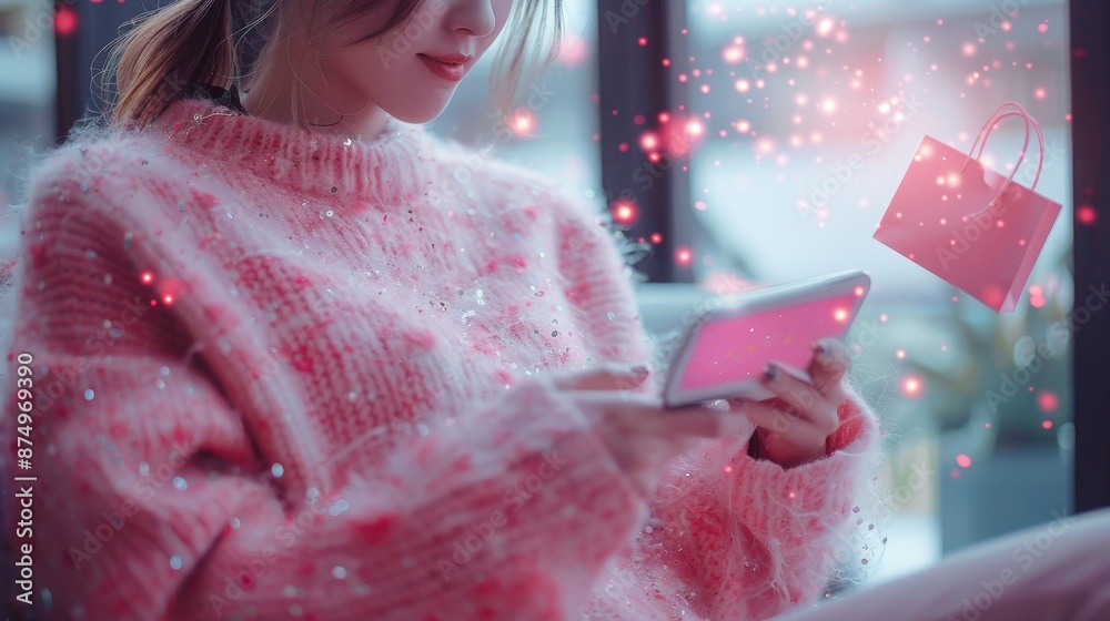 Girl using smartphone shopping online, shopping cart icon on screen ...