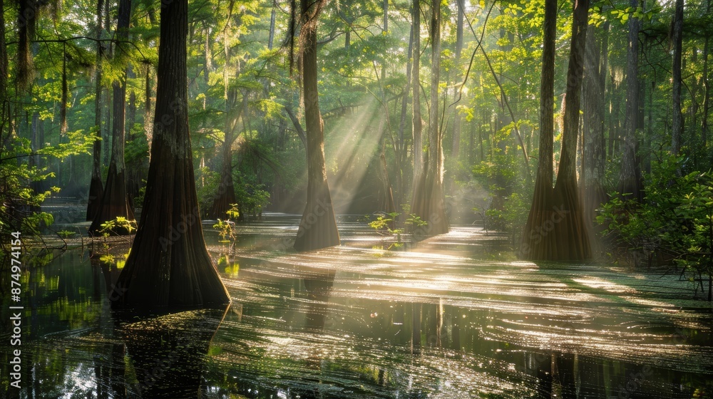 Sunlight filtering through the leaves of cypress trees in a swamp ...