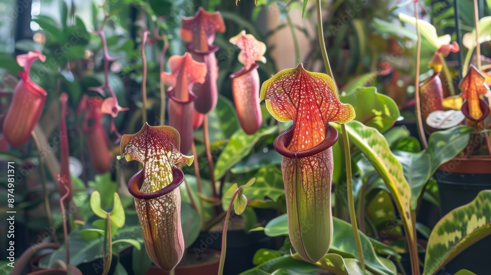 Nepenthes, Tropical pitcher plants or Monkey cups in ornamental garden ...