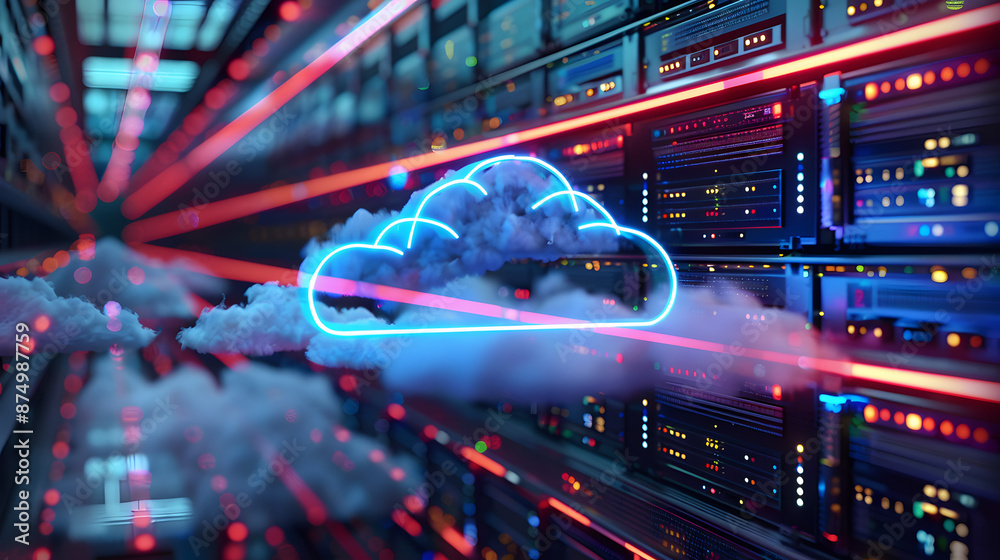futuristic data center with illuminated cloud icons representing cloud computing technology. It ...