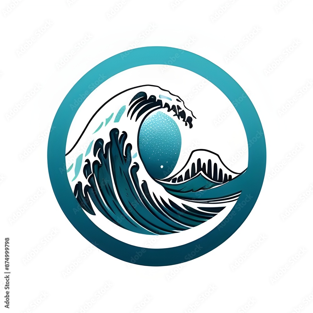 a circular vector logo featuring an ocean wave, sea, water, splash, rip ...