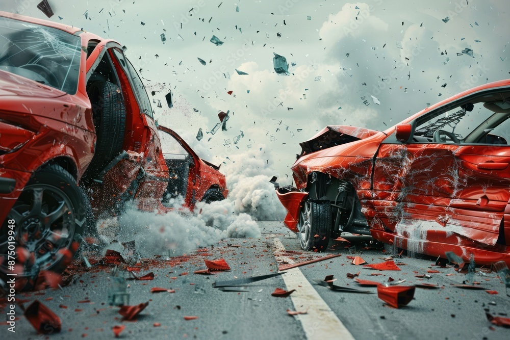 cars crash involving three wrecked red cars on the road, with broken ...