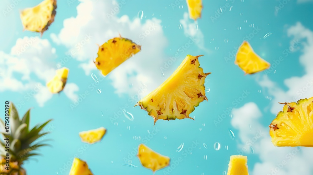 Pieces of juicy pineapple falling on a light blue background with white ...