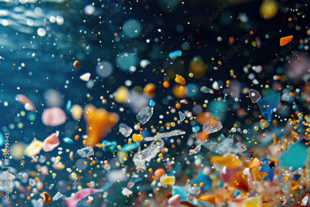 Microplastic pollution in food chain. Microscopic lighting. Plastic ...