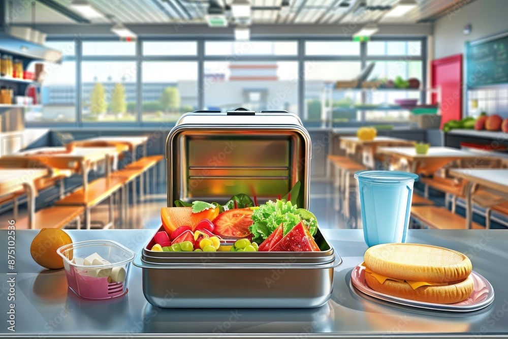 Healthy lunch container with fresh fruits and vegetables on a cafeteria ...