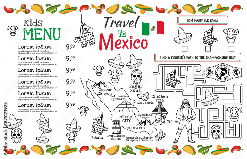 Kids menu for a Mexican restaurant with a map of Mexico and interesting ...
