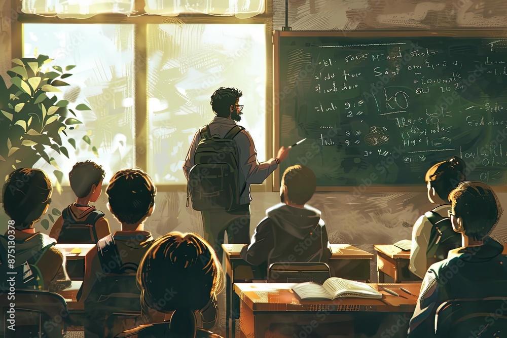 Teacher instructing students in a classroom setting with a blackboard ...