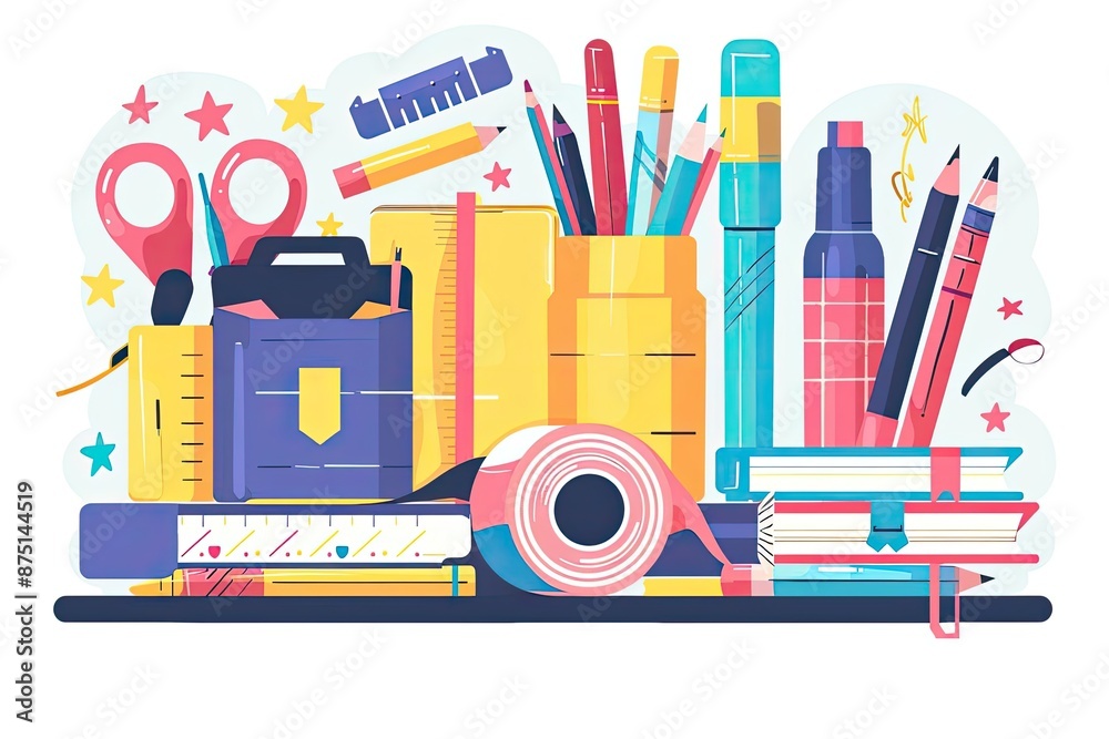 Colorful array of office stationery including pens, notebooks, scissors ...