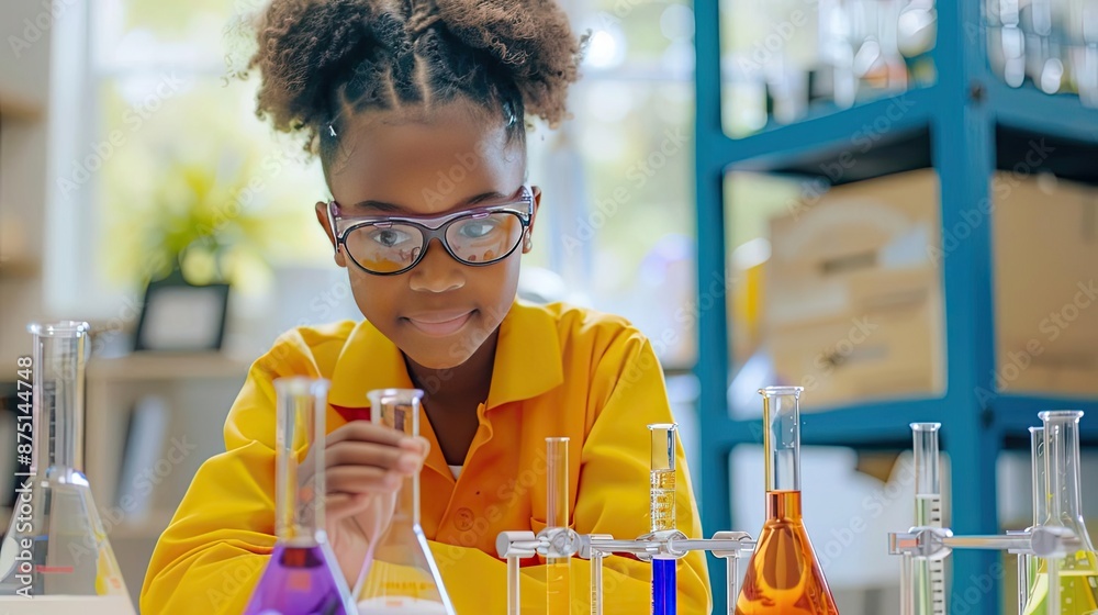 Young girl conducting a science experiment in a classroom, using ...