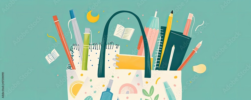 Illustrated tote bag filled with various colorful stationery items and ...
