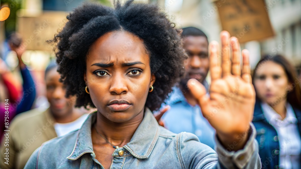 Close up of African American woman showing stop gesture with face ...