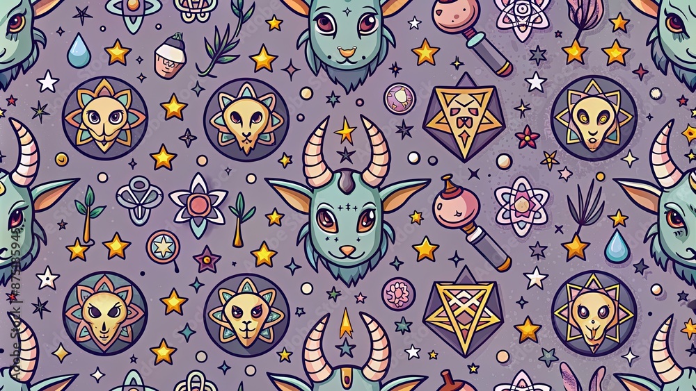 Cute pattern with baphomet surrounded by magic items, cute, pattern ...