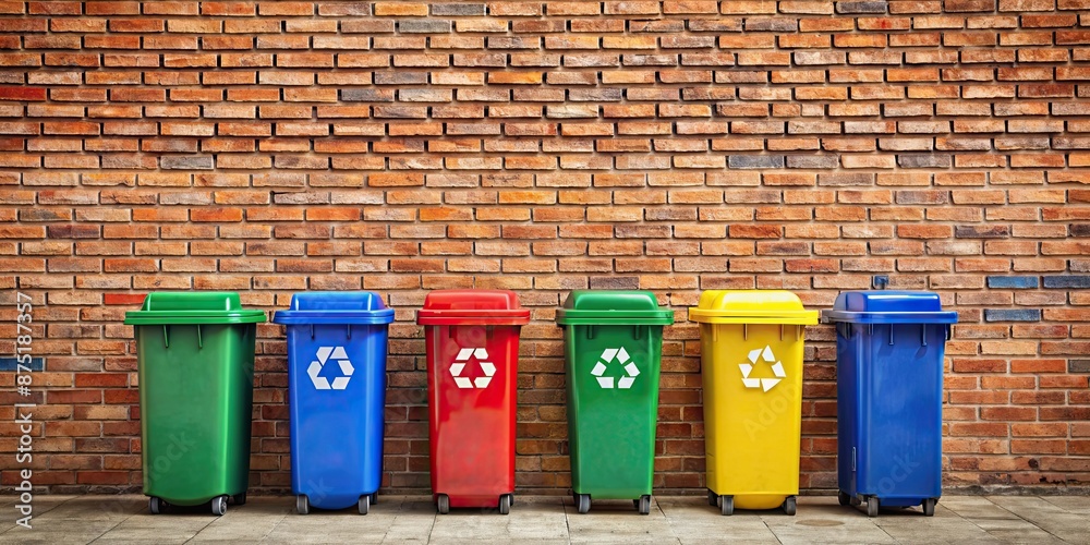 Four colorful recycling bins outside a brick wall, recycling, bins ...