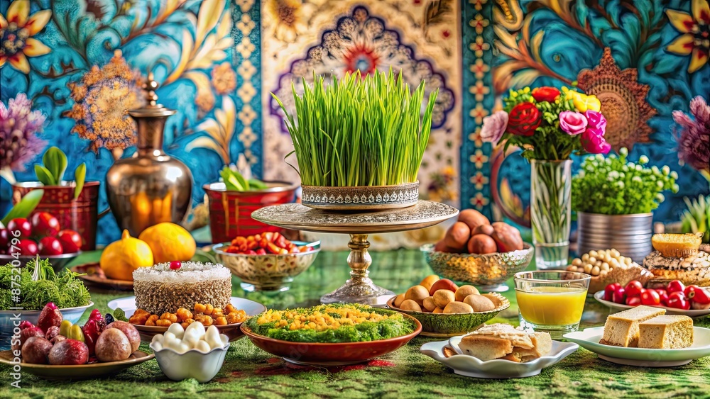 Colorful Nowruz celebration with traditional Haft-Seen table , Nowruz ...