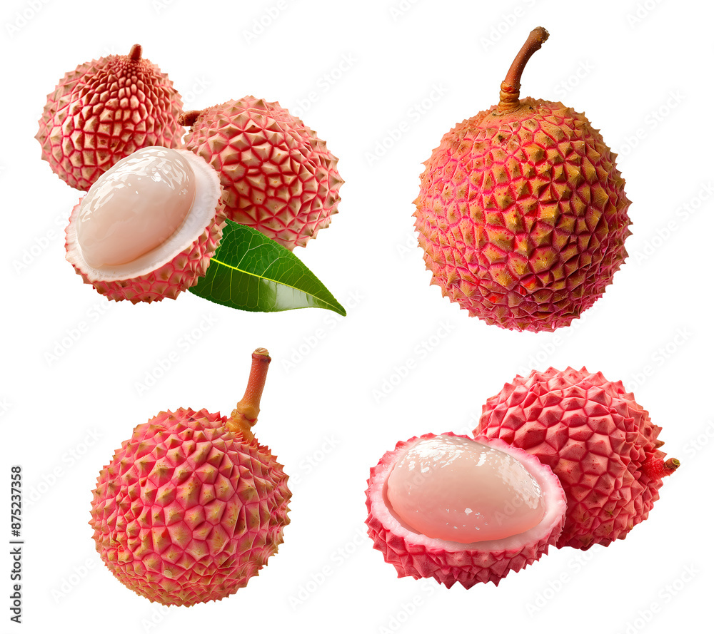 Lychee, lychees whole and half with green leaves isolated on ...