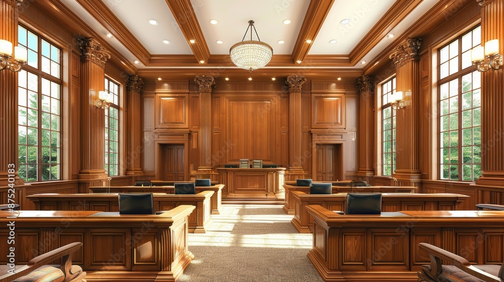 An empty court room with large wooden benches, chandeliers, and tall ...