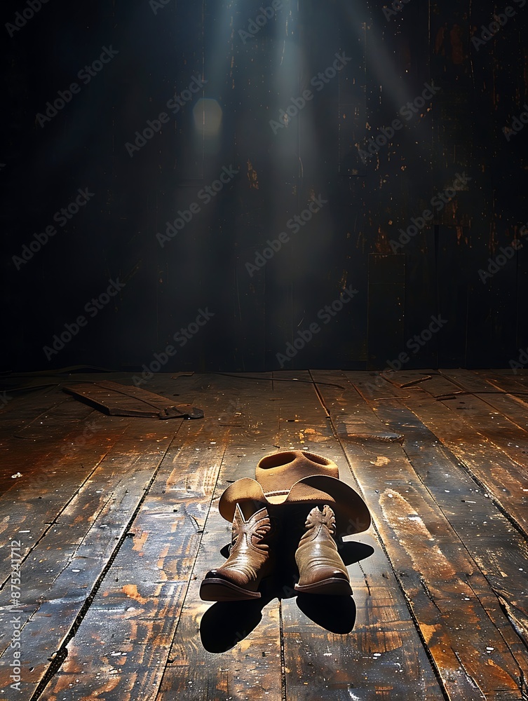 A cowboy hat and boots lying on a worn wooden stage, a single spotlight ...
