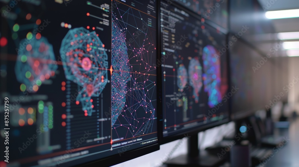 AI Algorithm Development on Multiple Computer Screens Displaying Complex Data Visualizations in ...