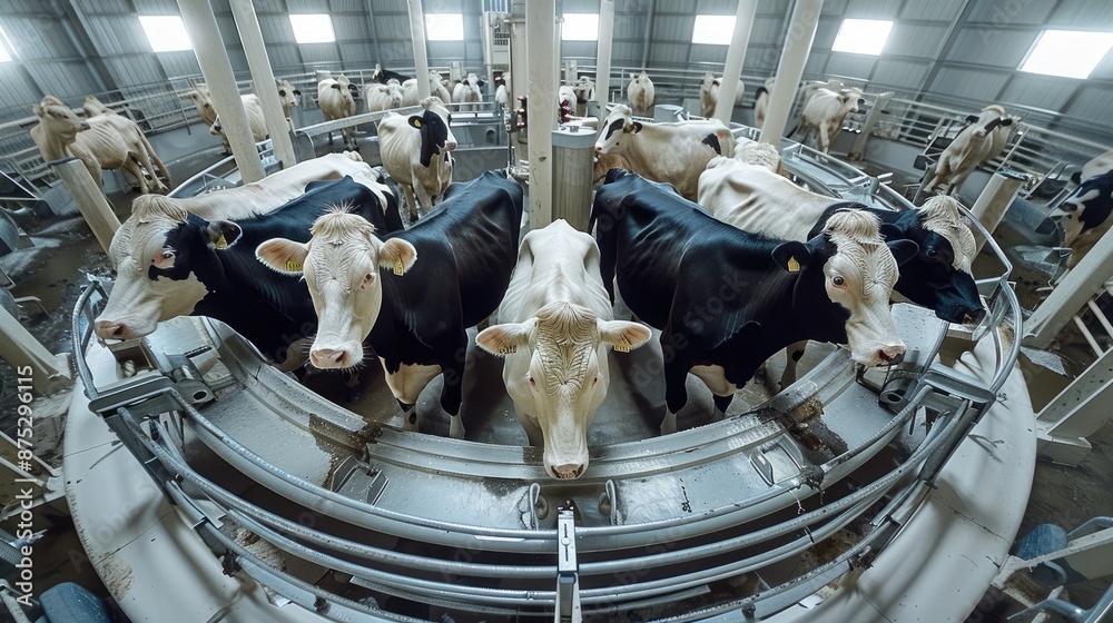 Milk factory, rotary table milking machine, many cows standing on the ...