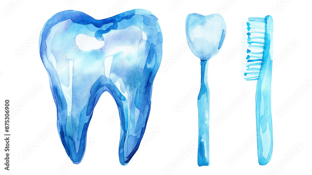Watercolor tooth and toothbrush. Dental illustration isolated on a ...