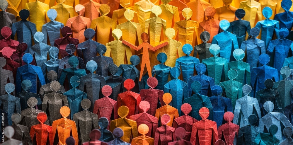 a large group of multicolored, cut out of paper, figures of people ...