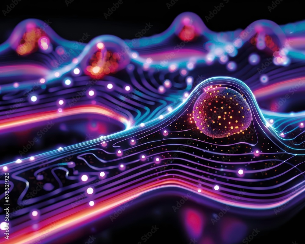 Futuristic nano technology circuitry close-up with glowing particles ...