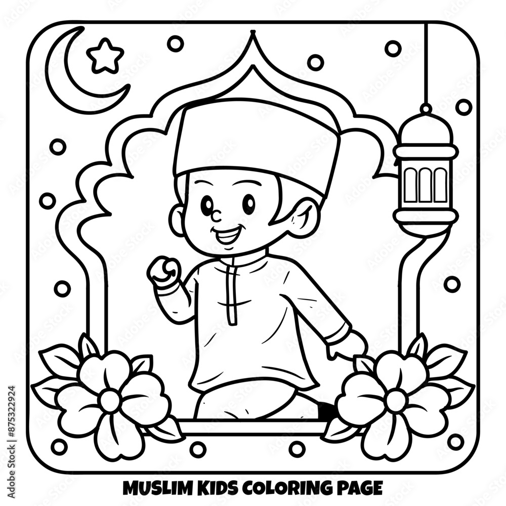 Line art of the muslim boy walking with decorative frame, coloring page ...