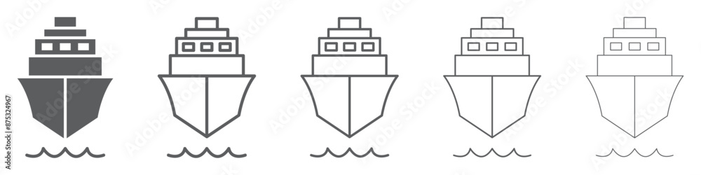 Set of ship icons. Ferry boat symbol, boat, ship front view. Cargo ship ...