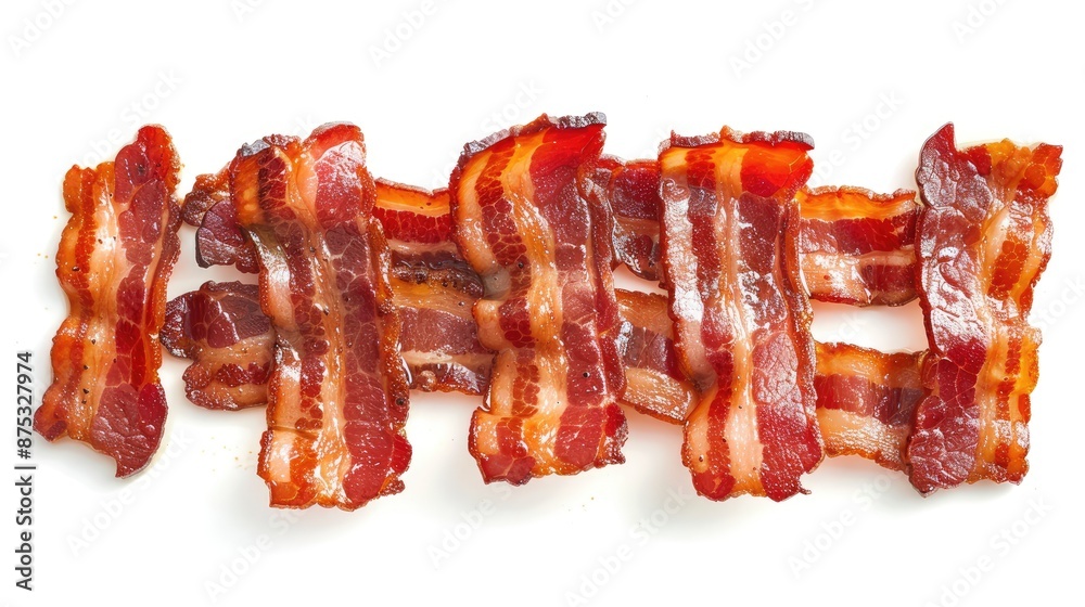 Crispy fried bacon strips on a white background, perfect for breakfast ...