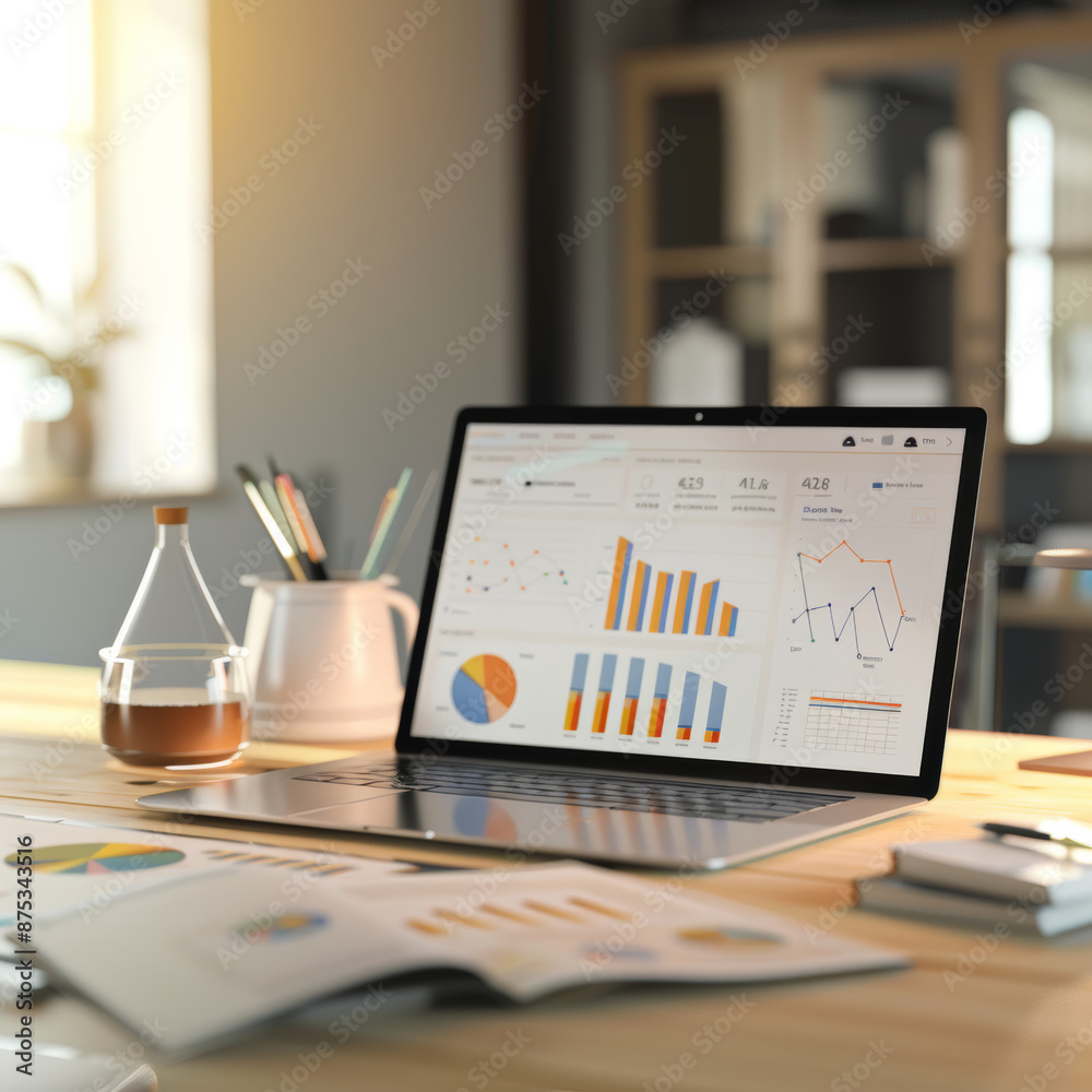 Stats data and digital marketing concept with a perspective view of ...