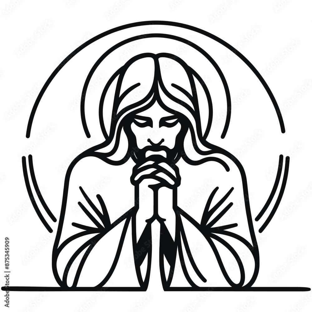 One continuous line drawing of Jesus Christ praying. Isolated image of ...