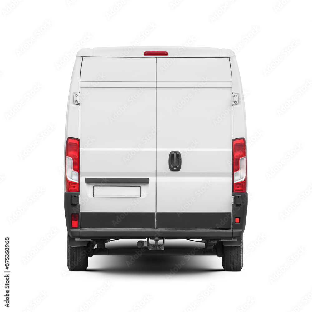 White clean delivery van small truck rear view isolated. Cargo short ...