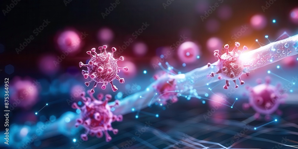 High-resolution illustration of viruses interacting with a nerve cell ...
