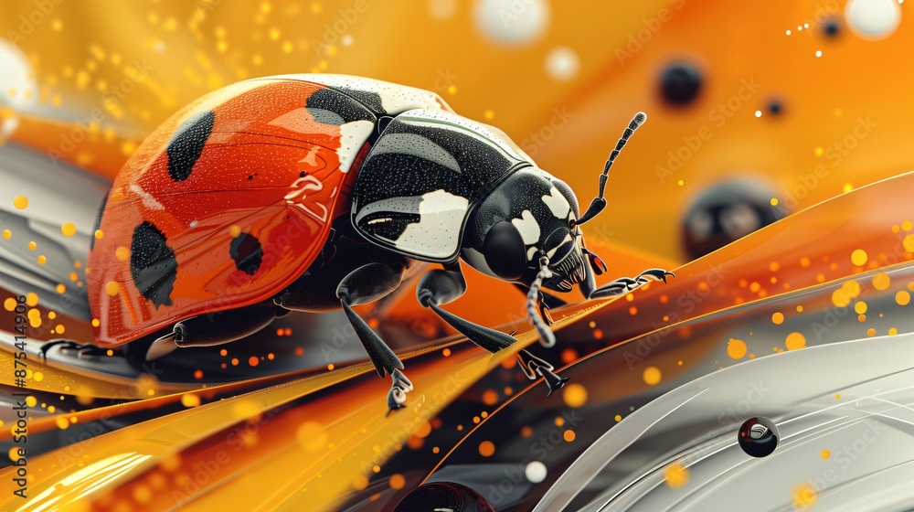 Ladybug walks on a shiny surface with orange bokeh, showcasing its red ...