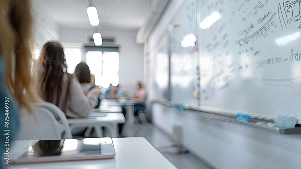 Blurry Back to School Classroom with Students and Whiteboard Background ...