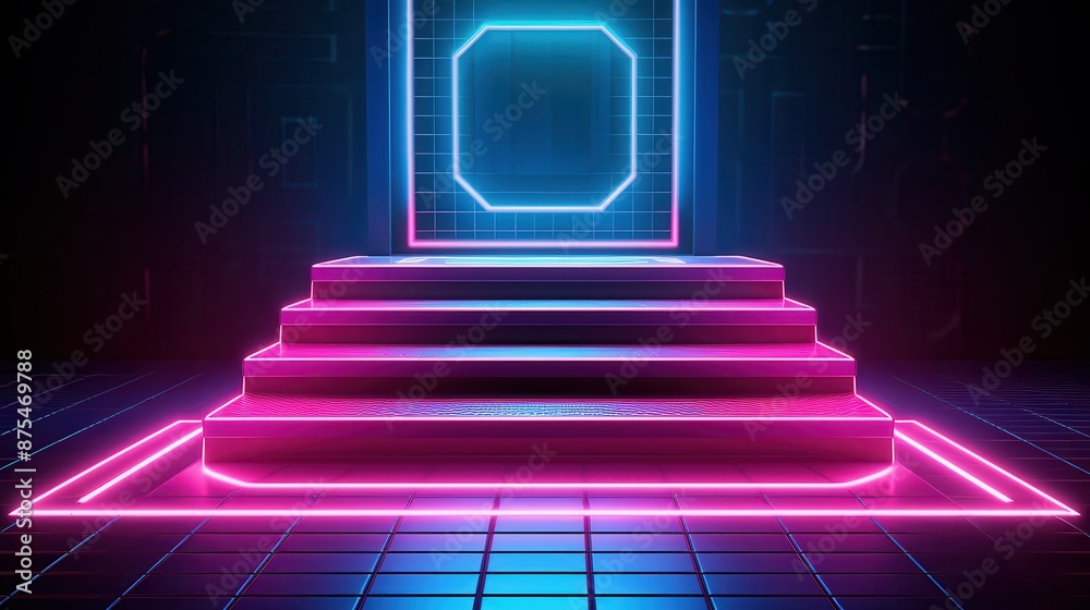 Neon grid podium in a retro-futuristic setting, suitable for 80s themed ...