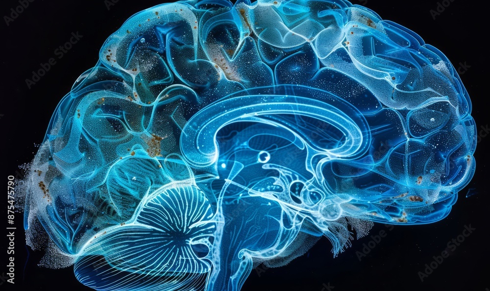 Blue X-ray image of human brain anatomy, 3-D sagittal section (side ...