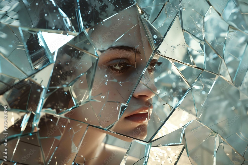 Young woman face through shattered and fragmented mirrors distorted ...