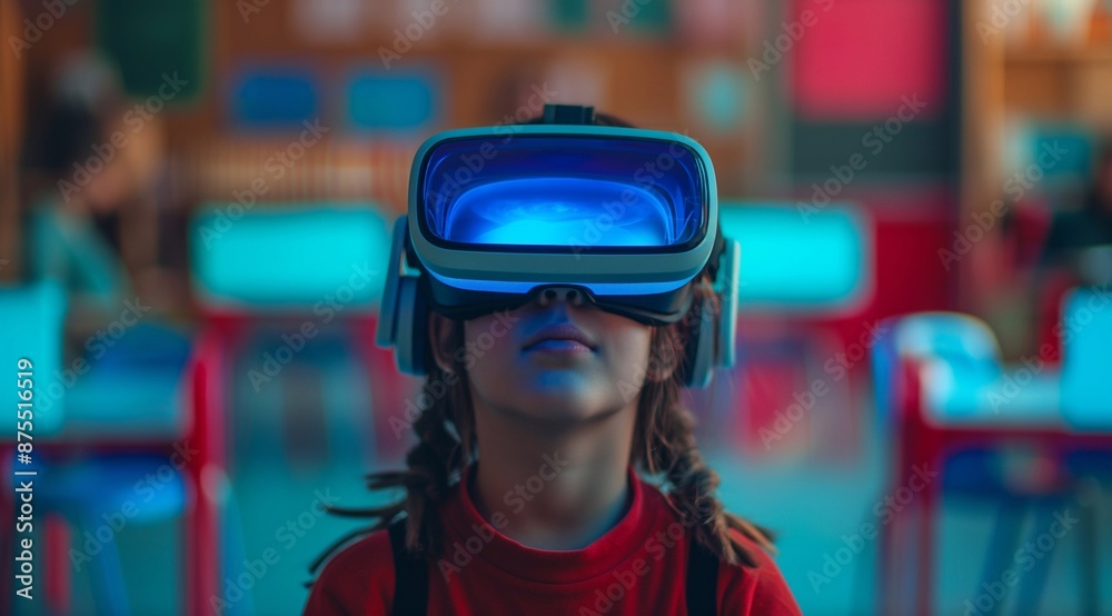 elementary school student with VR headset using AI artificial ...