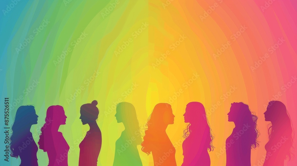 Women's Equality Day. Horizontal banner. Colorful silhouettes of women ...