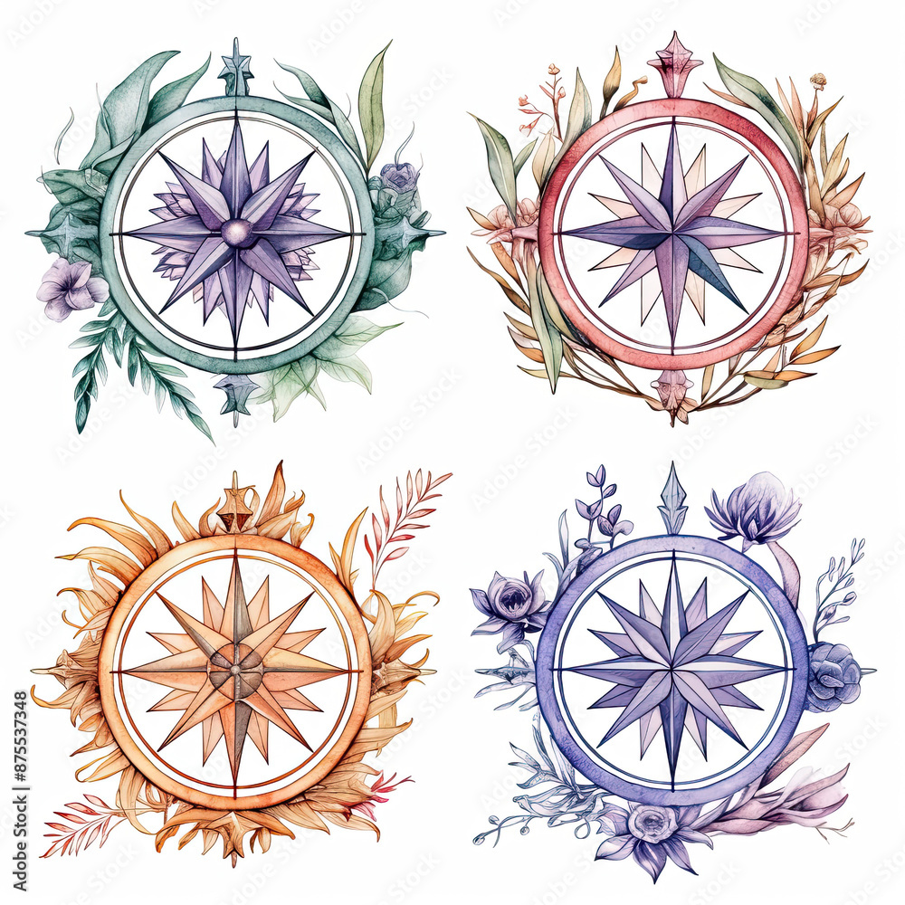 Set of four watercolor compass illustrations with floral decorations ...