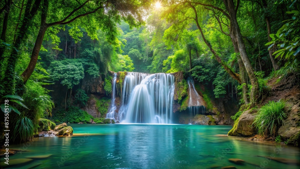 Peaceful waterfall surrounded by lush forest trees and vegetation ...