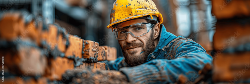 Bricklayer in Blue Overalls Building Red Bricks on Skyscraper ...