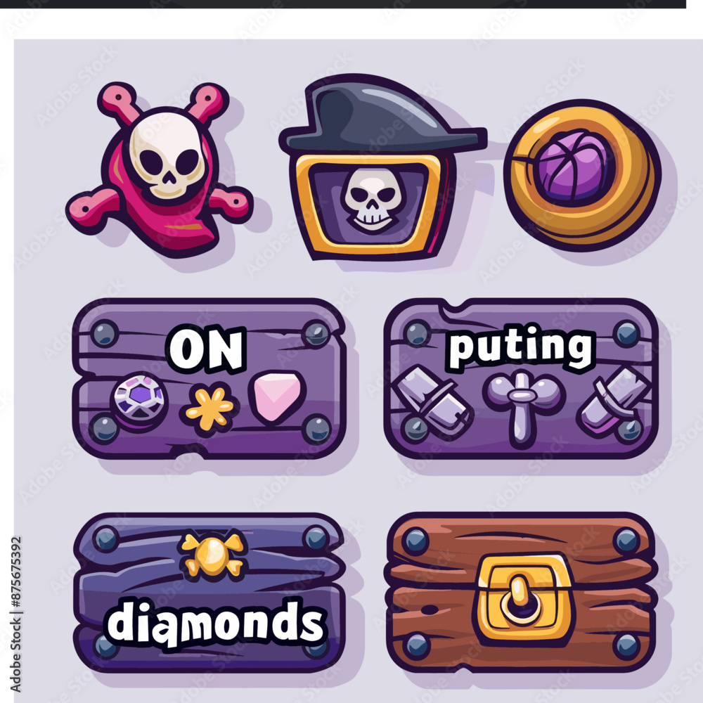 Cartoon pirate game UI buttons with skull, treasure, and diamonds ...