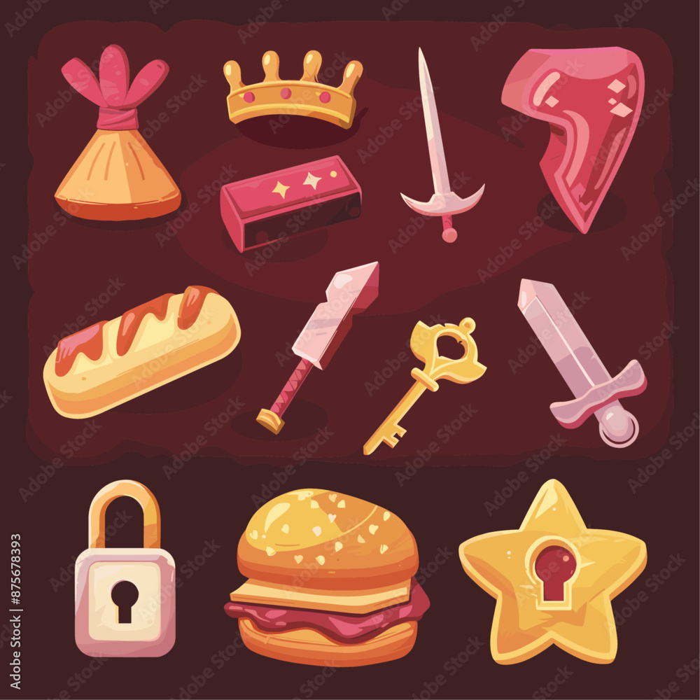 Cartoon game assets. crown, sword, key, lock, food, burger, bread Stock ...
