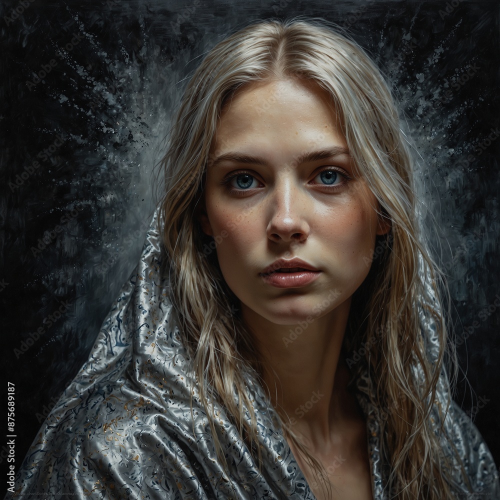A shimmering time traveler with cascading threads of silver and gold ...