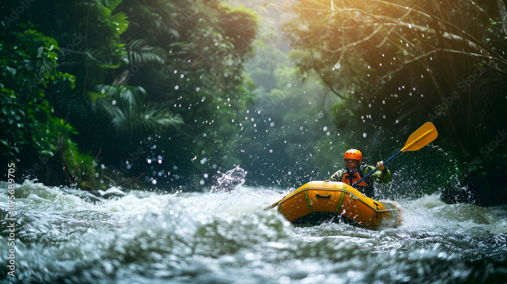 persona practicando rafting en los rios entre las montañas deporte ...